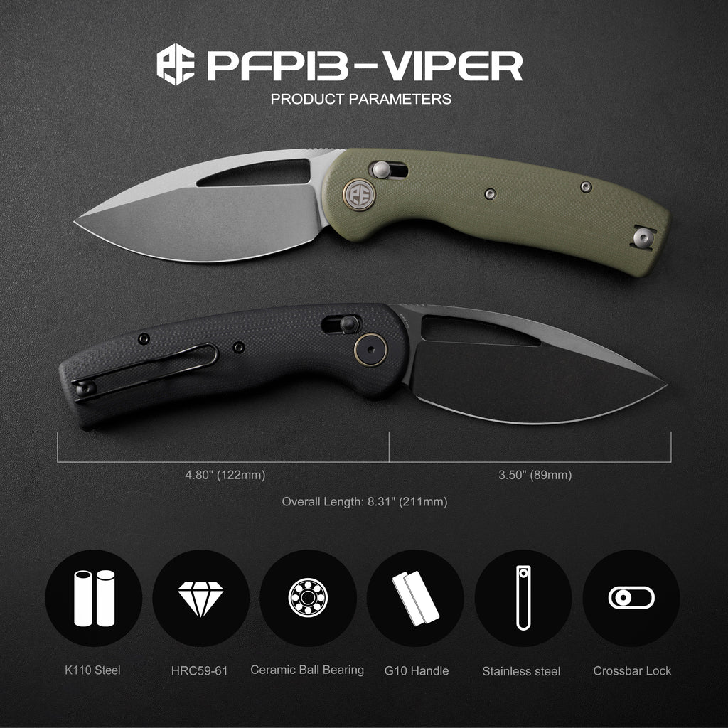 Petrified Fish PFP13 - Viper, 3.50" K110 Steel Blade, G10 Handle, Cros